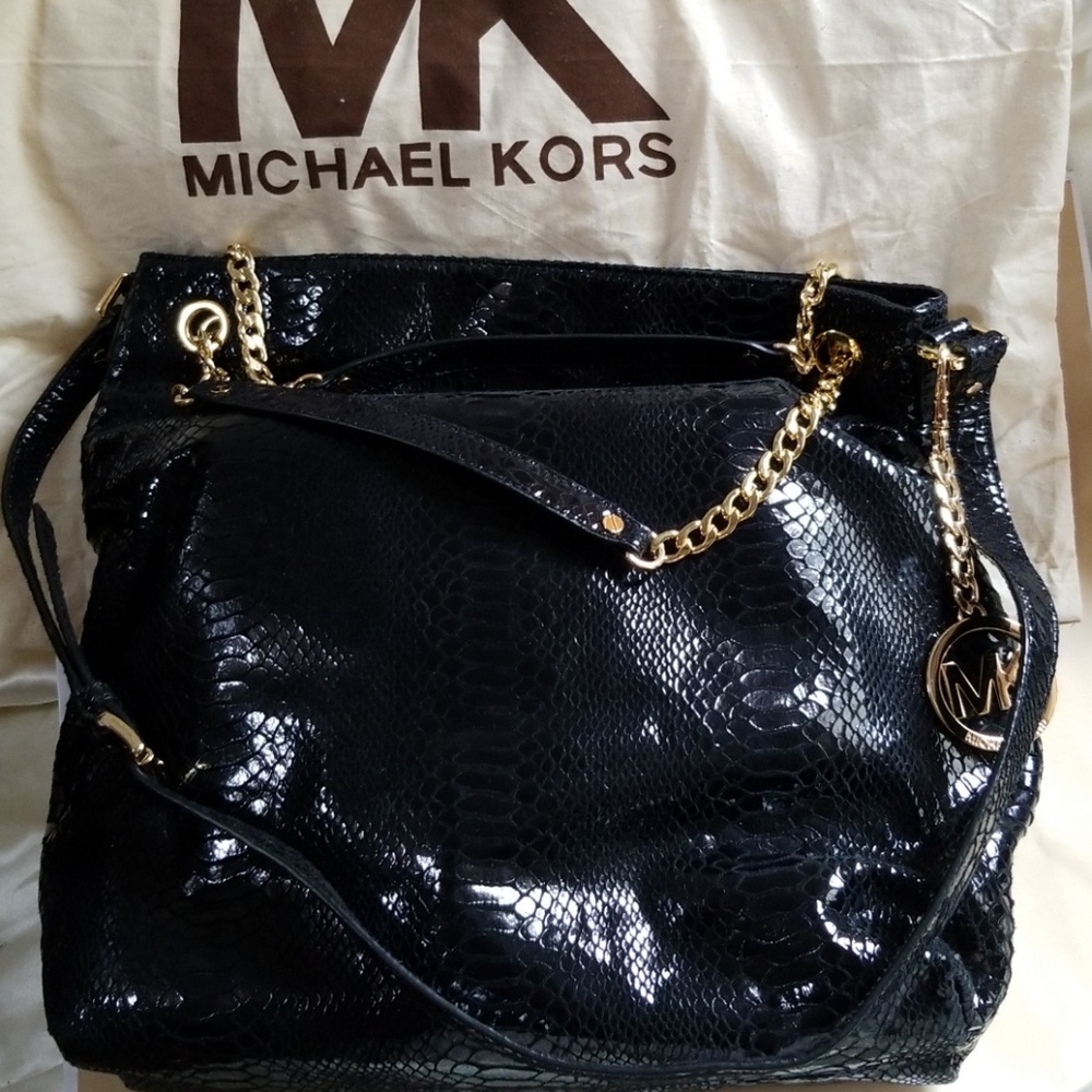 Michael Kors Large Chain Black Patent Phyton Bag - Gem